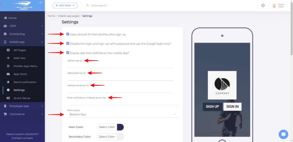 Manage the Mobile App Settings in Local Service Hero